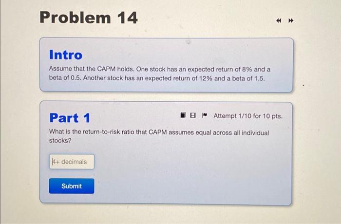 Solved Problem 14 Intro Assume that the CAPM holds. One | Chegg.com
