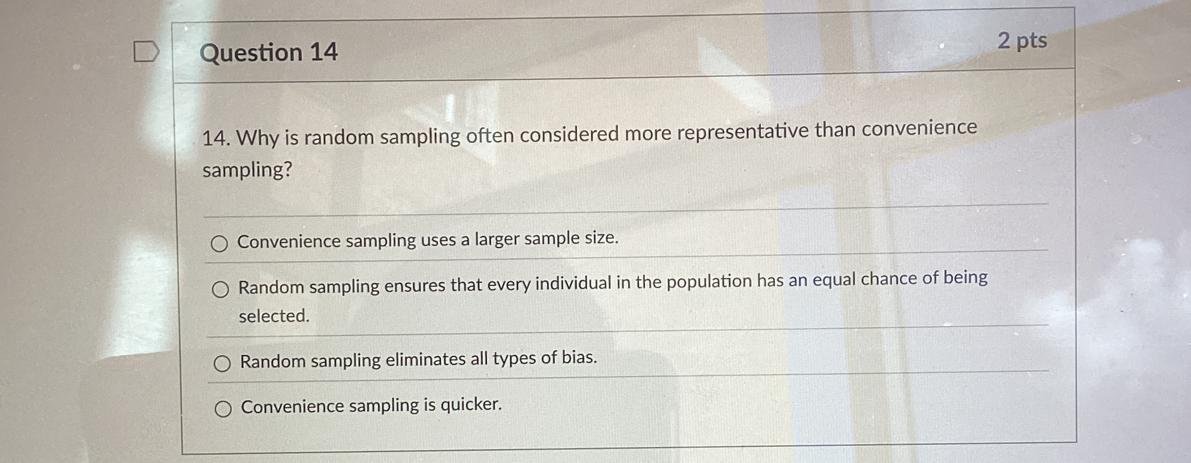 Solved Question 142 ﻿pts14. ﻿Why is random sampling often | Chegg.com
