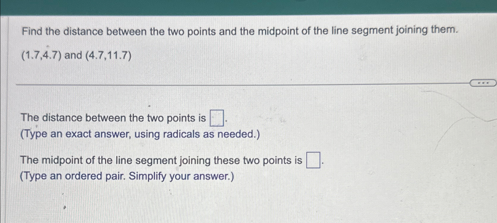 Solved Find the distance between the two points and the | Chegg.com