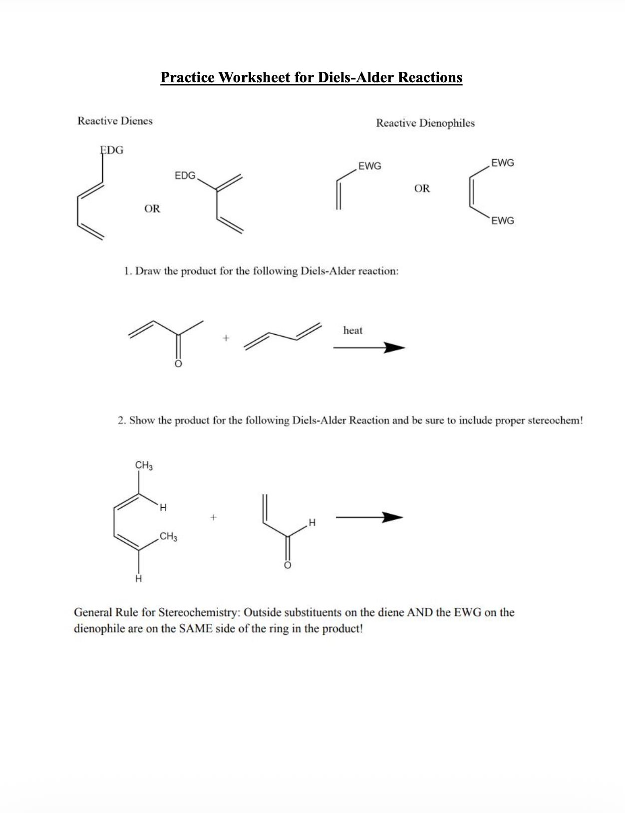 Practice Worksheet for Diels-Alder ReactionsReactive | Chegg.com