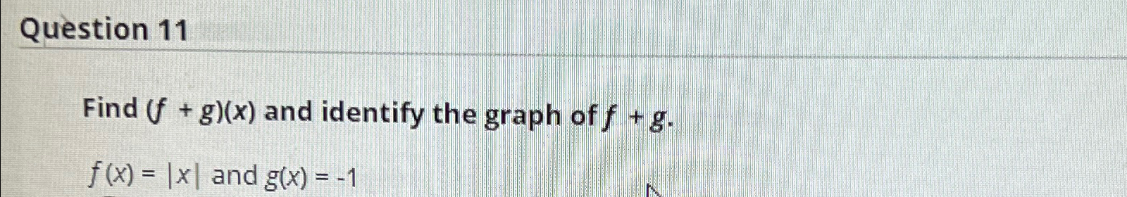 Solved Question 11Find (f+g)(x) ﻿and identify the graph of | Chegg.com