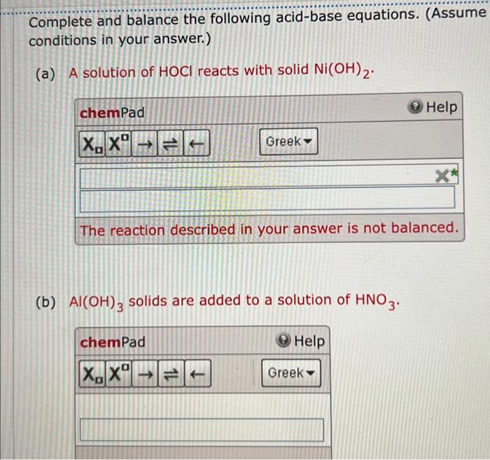 Solved Complete and balance the following acid-base | Chegg.com