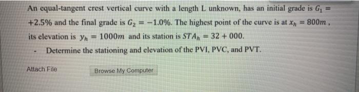 Solved An equal-tangent crest vertical curve with a length L | Chegg.com