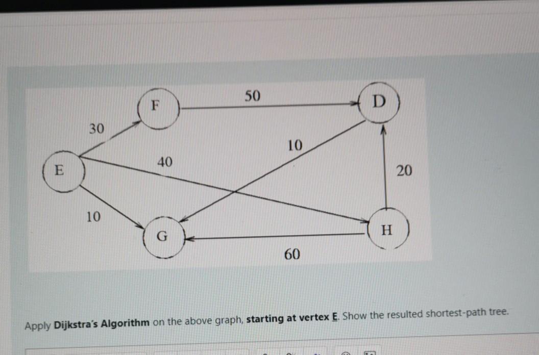 Solved 50 D 30 10 40 E 20 H G 60 Apply Dijkstra's Algorithm | Chegg.com