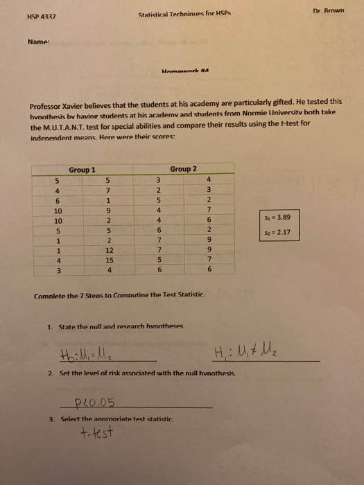 Solved Dr. Brown HSP 4337 Statistical Technioues for HSPS | Chegg.com