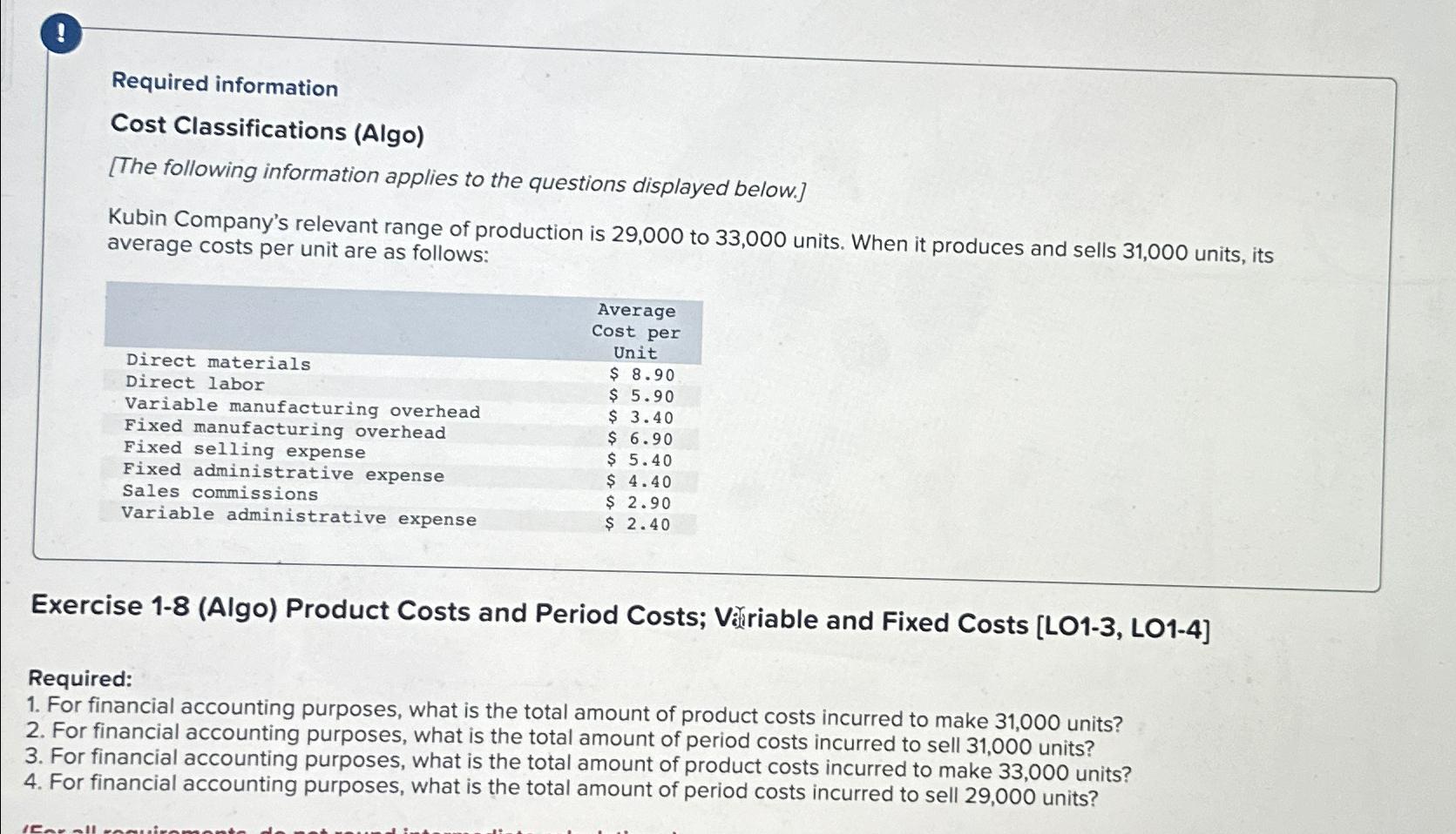 Solved !Required informationCost Classifications (Algo)[The | Chegg.com