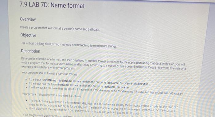 Solved 7.9 LAB 7D: Name format Overview Create a program | Chegg.com
