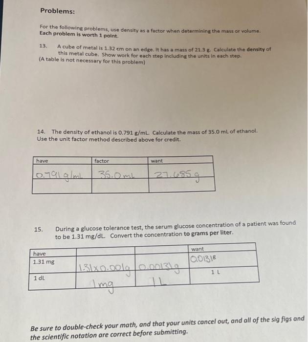 Solved Problems: For the following problems, use density as | Chegg.com