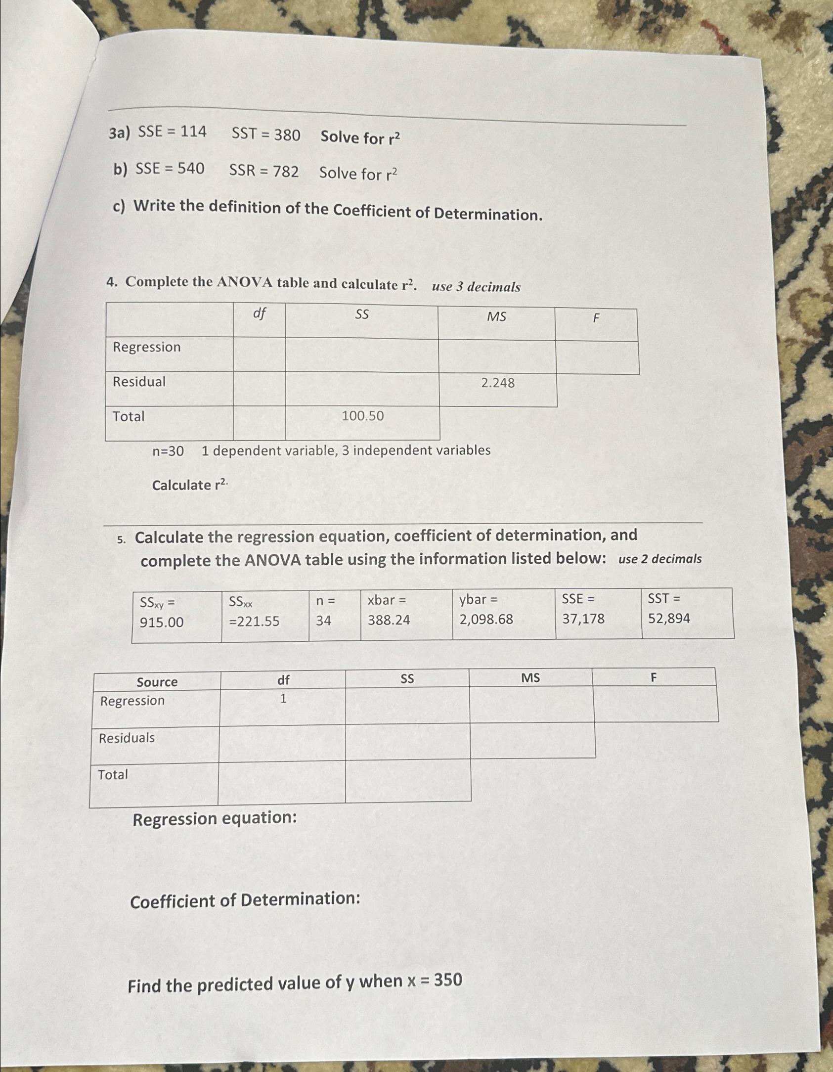 Solved 3a) ﻿SSE=114, ﻿SST =380 ﻿Solve for r2b) | Chegg.com