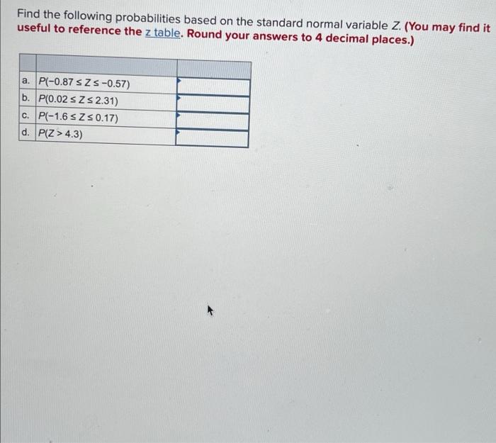 Solved Find the following probabilities based on the | Chegg.com