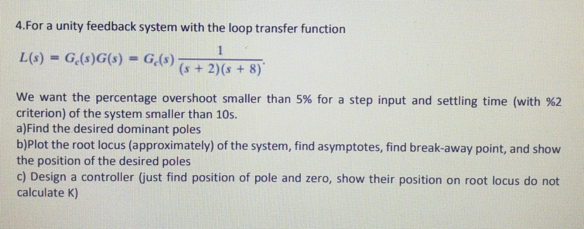 Solved 4. For a unity feedback system with the loop transfer | Chegg.com