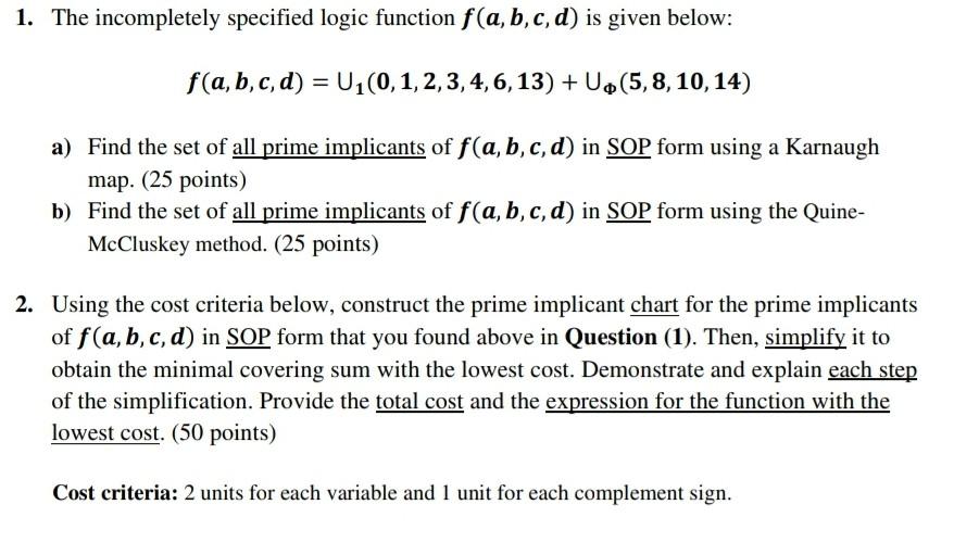 Solved 1 The Incompletely Specified Logic Function