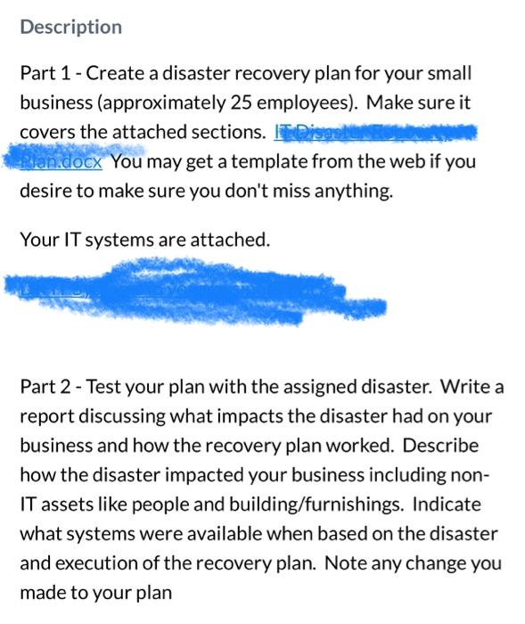 Solved Description Part 1 - Create a disaster recovery plan | Chegg.com