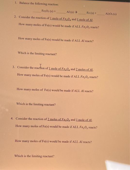Solved 1 Balance The Following Reaction Fe2o3