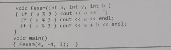 Solved void Fexam (int a, ﻿int y, ﻿int b ){ ﻿if (a%3) ﻿cout | Chegg.com
