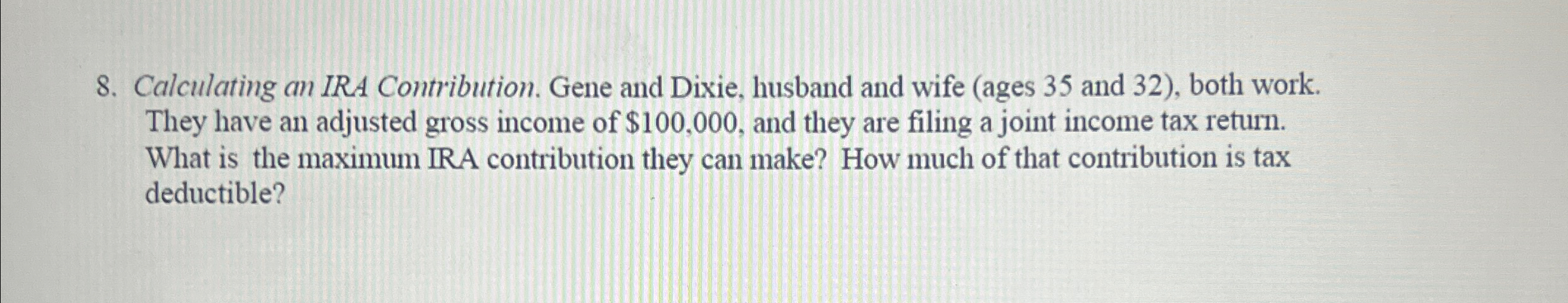 Solved Calculating an IRA Contribution. Gene and Dixie, | Chegg.com