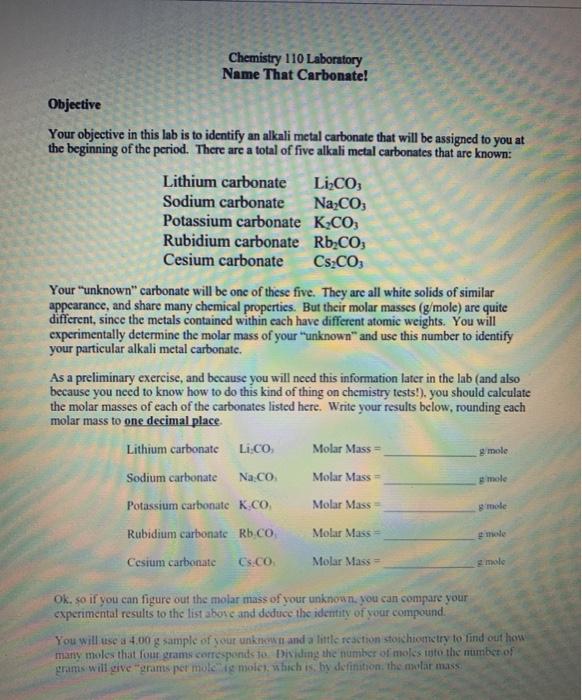 Solved Chemistry 110 Laboratory Name That Carbonate! | Chegg.com