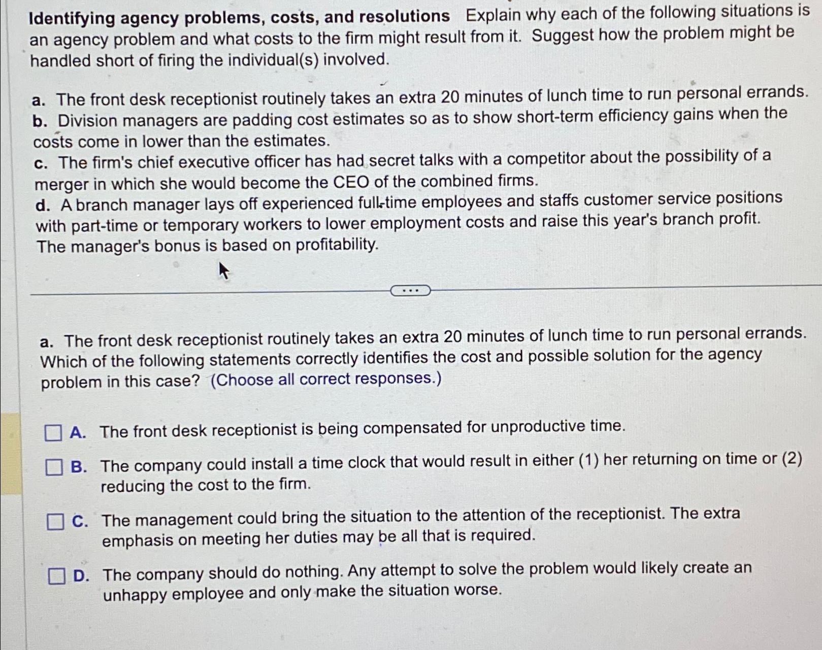 Solved Identifying agency problems, costs, and resolutions | Chegg.com