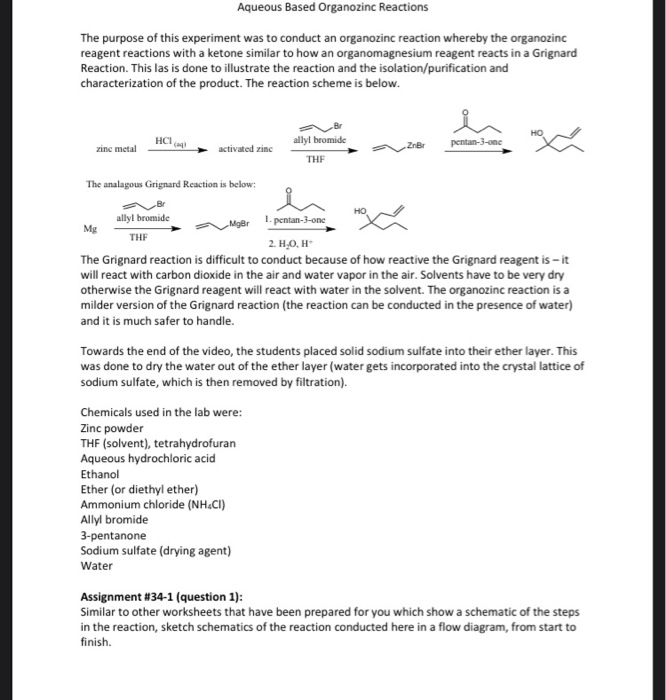Aqueous Based Organozinc Reactions The purpose of | Chegg.com
