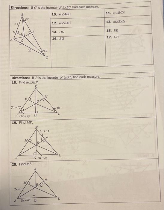 Solved Directions: If P is the incenter of KKL, find each | Chegg.com