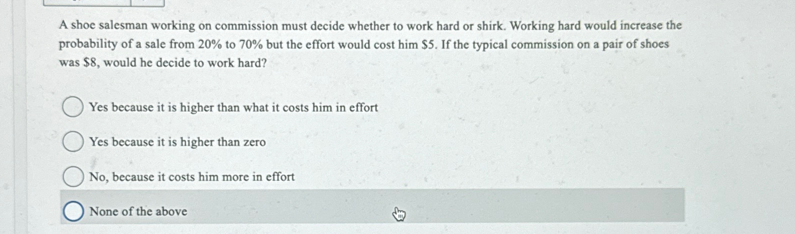 Solved A shoe salesman working on commission must decide | Chegg.com