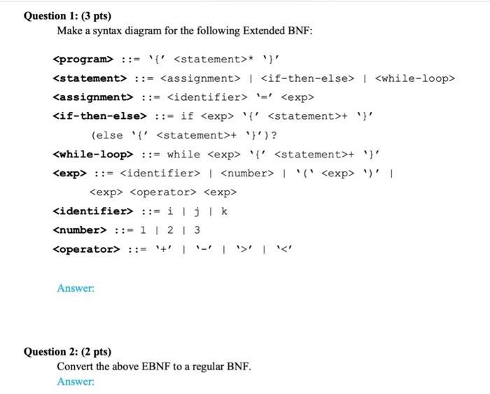 Solved Question 1 3 Pts Make A Syntax Diagram For The 