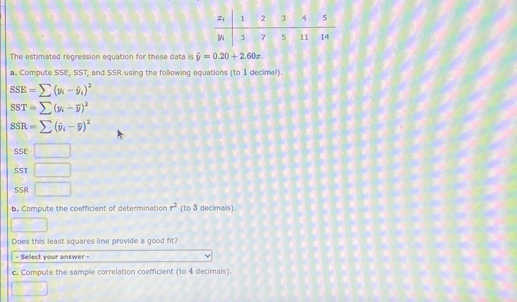Solved \table[[xi,1,2,3,4,5],[yi,3,7,5,11,14]]The estimated | Chegg.com