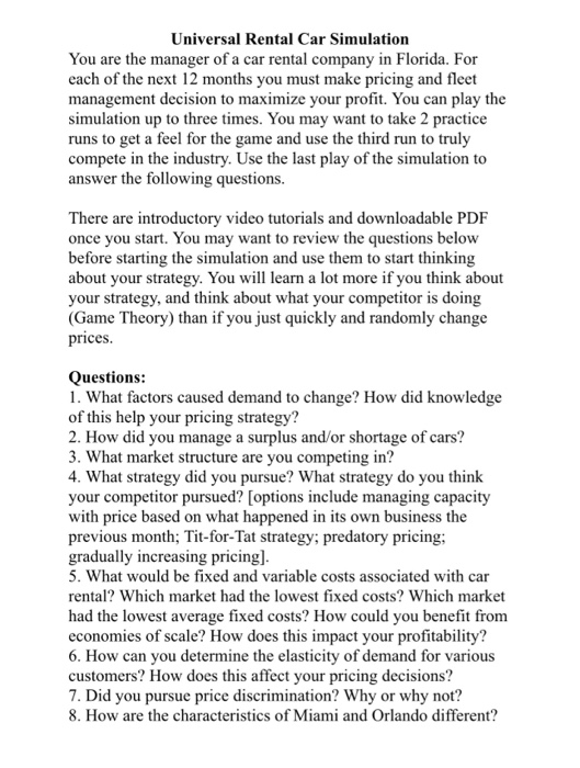 Solved Universal Rental Car Simulation You are the manager | Chegg.com