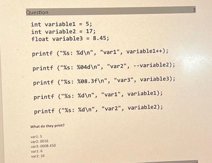 Solved int variable 1=5; int variable 2=17; float variable | Chegg.com