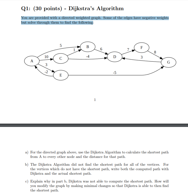 Solved Q1: (30 ﻿points) - ﻿Dijkstra's AlgorithmYou are | Chegg.com