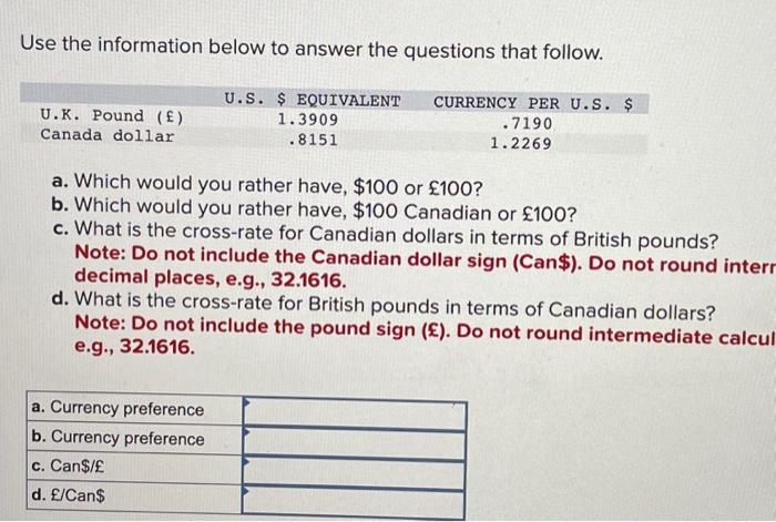 Solved Use the information below to answer the questions | Chegg.com