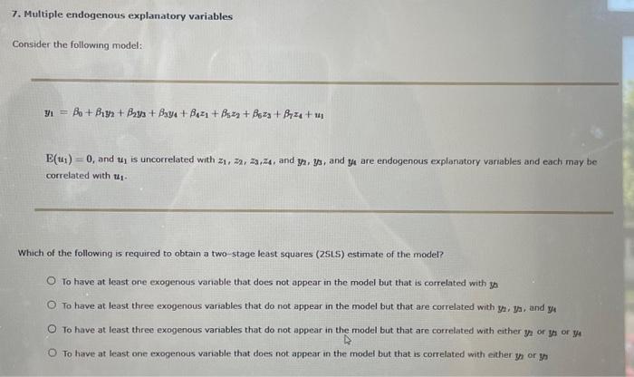Solved 7. Multiple endogenous explanatory variables Consider | Chegg.com