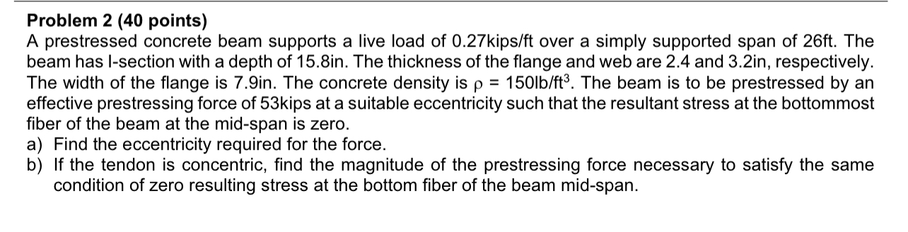 Solved Problem 2 (40 ﻿points)A prestressed concrete beam | Chegg.com