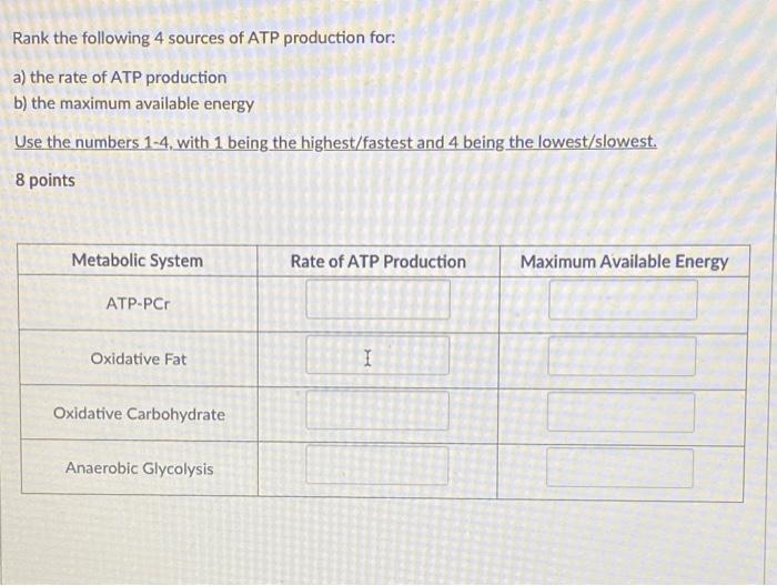 Solved Rank the following 4 sources of ATP production for: | Chegg.com