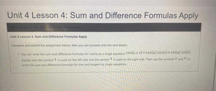 Solved Unit 4 Lesson 4: Sum and Difference Formulas Apply | Chegg.com
