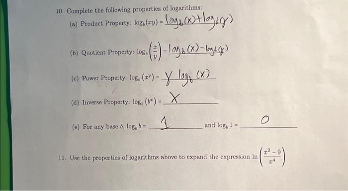 Solved 10. Complete the following properties of logarithms: | Chegg.com