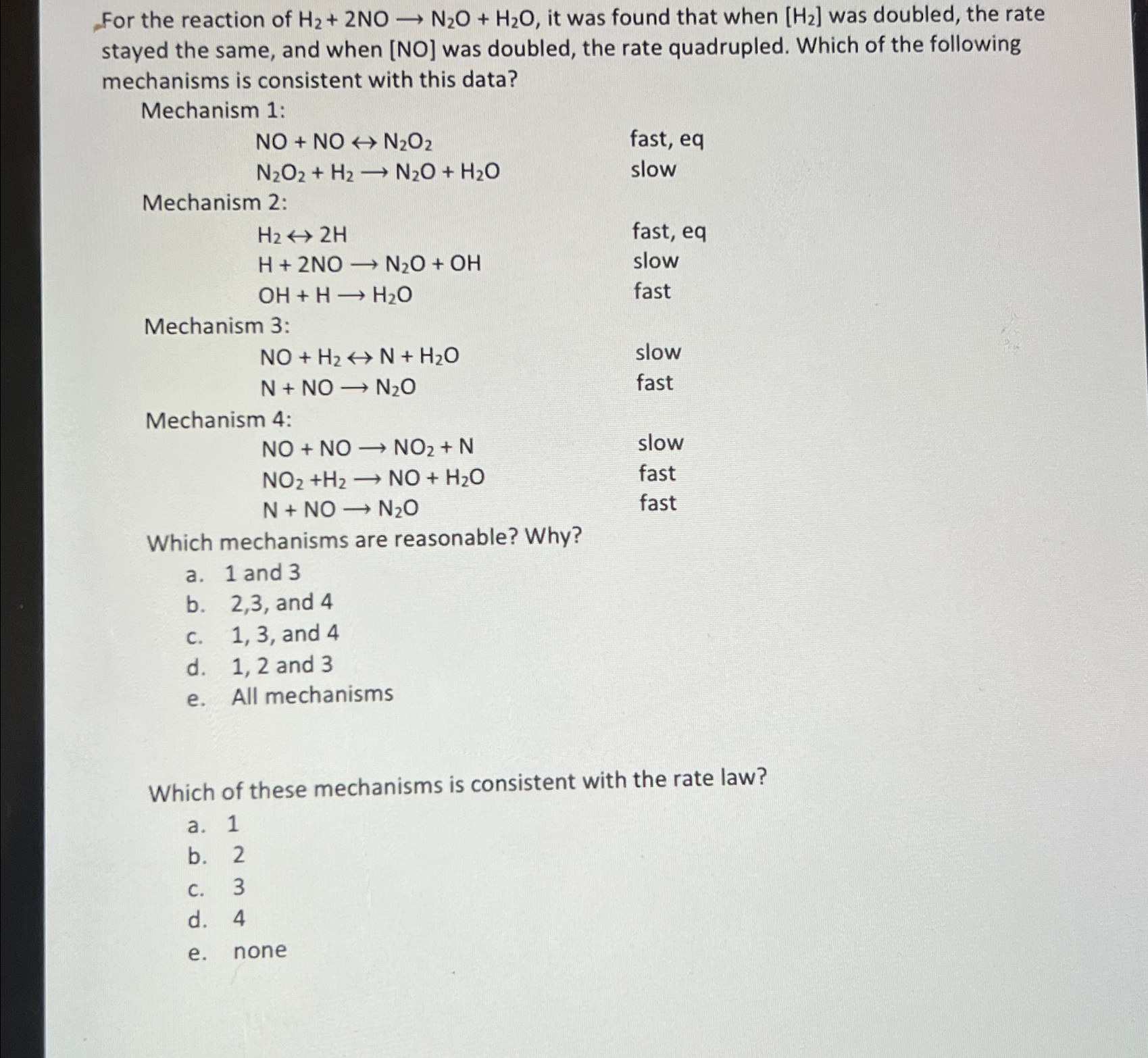 For the reaction of H2+2NO→N2O+H2O, ﻿it was found | Chegg.com