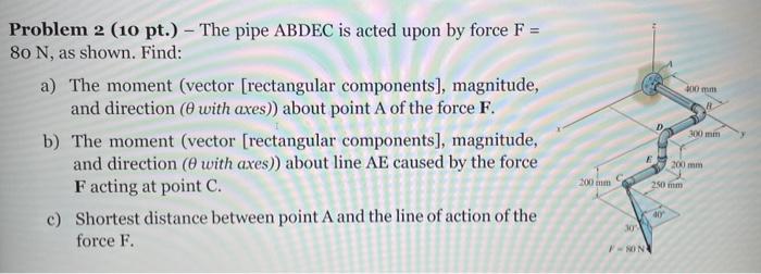 Solved Problem 2 (10 pt.) - The pipe ABDEC is acted upon by | Chegg.com