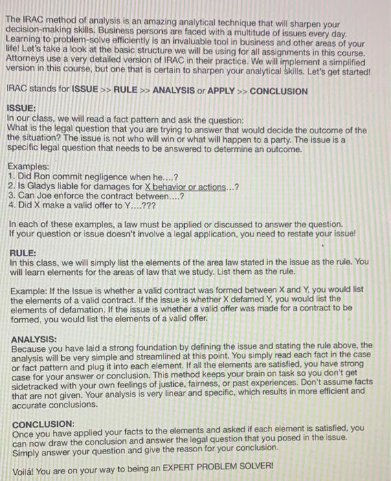 **BUSINESS LAW**Anwers need to be in a IRAC format. | Chegg.com