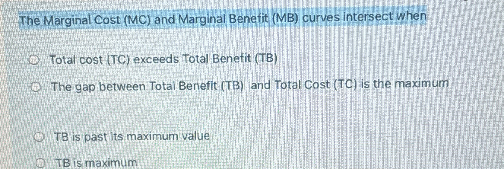 Solved The Marginal Cost (MC) ﻿and Marginal Benefit (MB) | Chegg.com