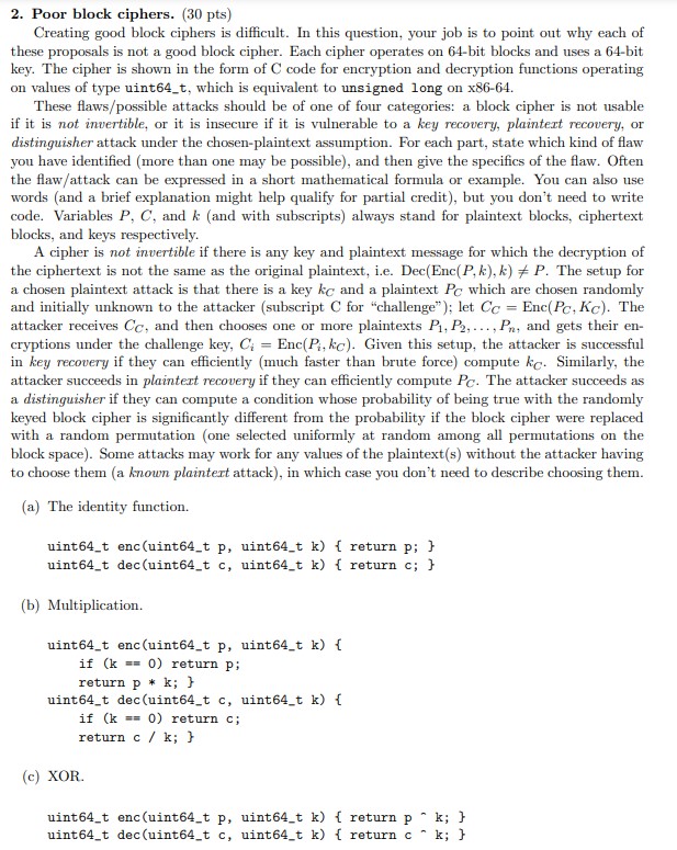 Solved Poor block ciphers. ( 30 pts )Creating good block | Chegg.com