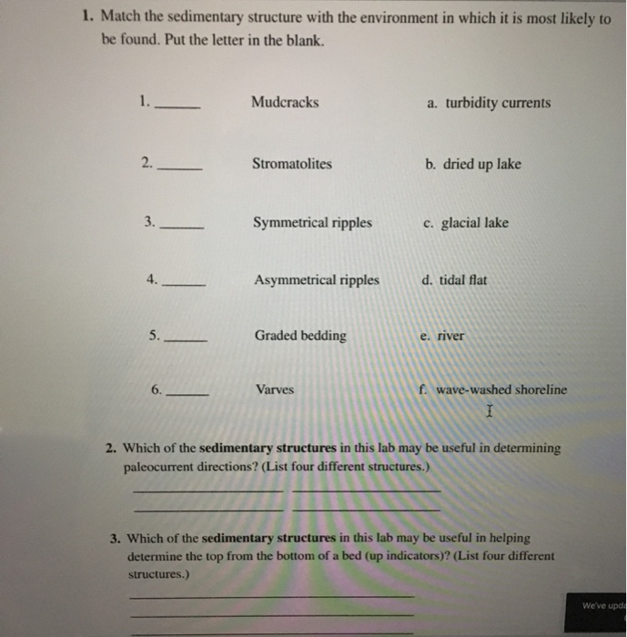 Solved 1. Match the sedimentary structure with the | Chegg.com