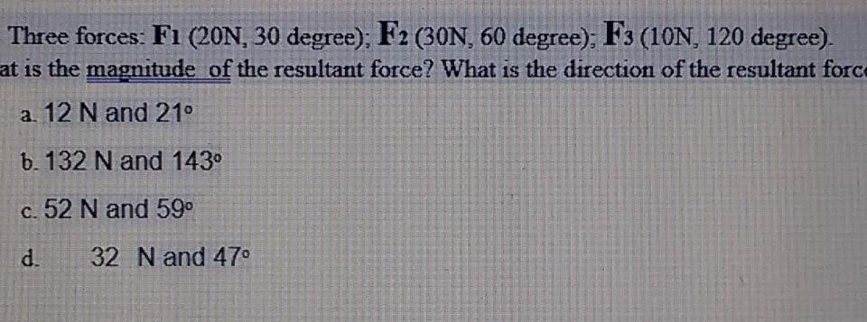 Solved Three forces: F1 (20N, 30 degree); F2 (30N, 60 | Chegg.com