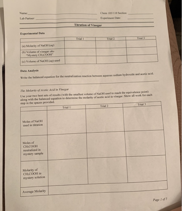 Solved Name: Lab Partner: Chem 105/110 Section Experiment | Chegg.com