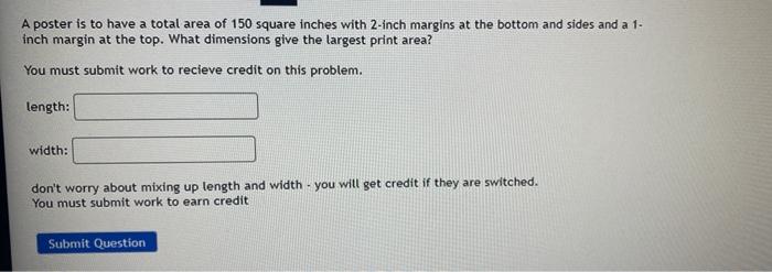 Solved A poster is to have a total area of 150 square inches | Chegg.com