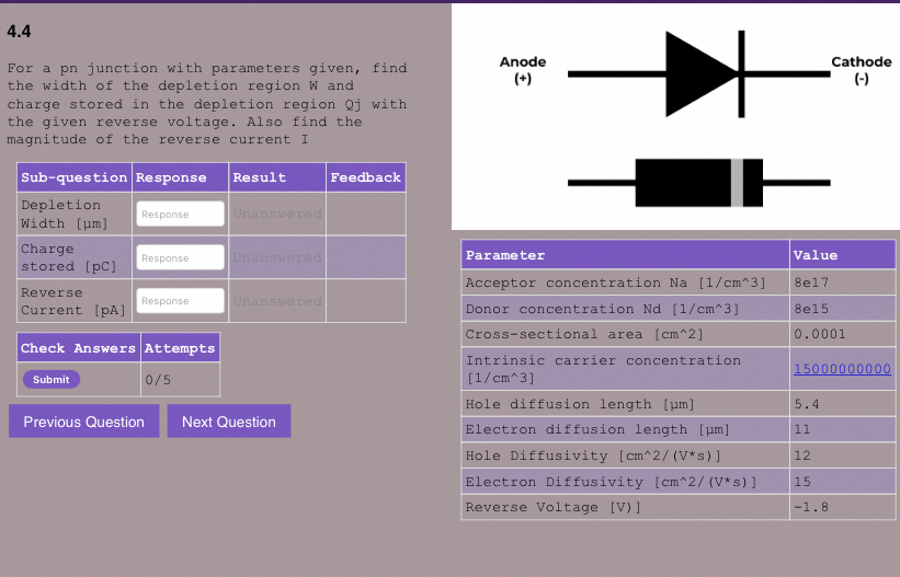 Solved 4.4For a pn junction with parameters given, findthe | Chegg.com