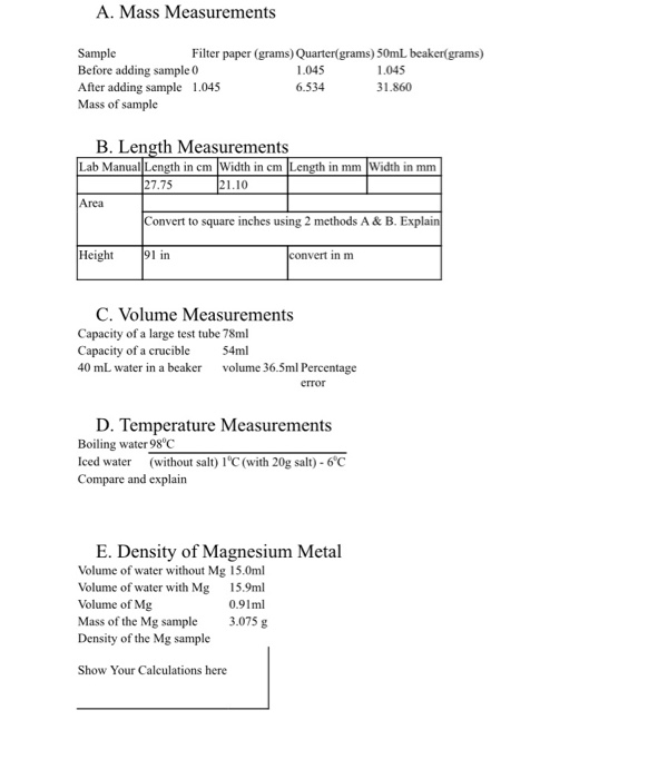 Solved A. Mass Measurements Sample Filter paper (grams) | Chegg.com