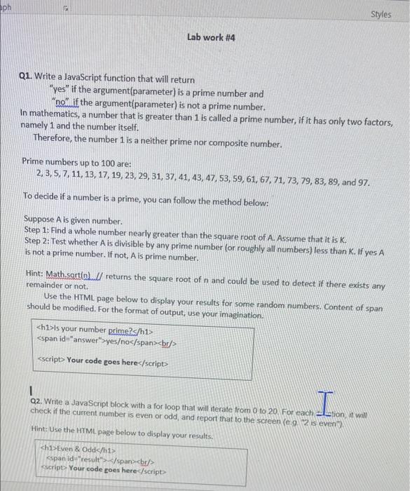 Solved ph Styles Lab work #4 Q1. Write a JavaScript function | Chegg.com