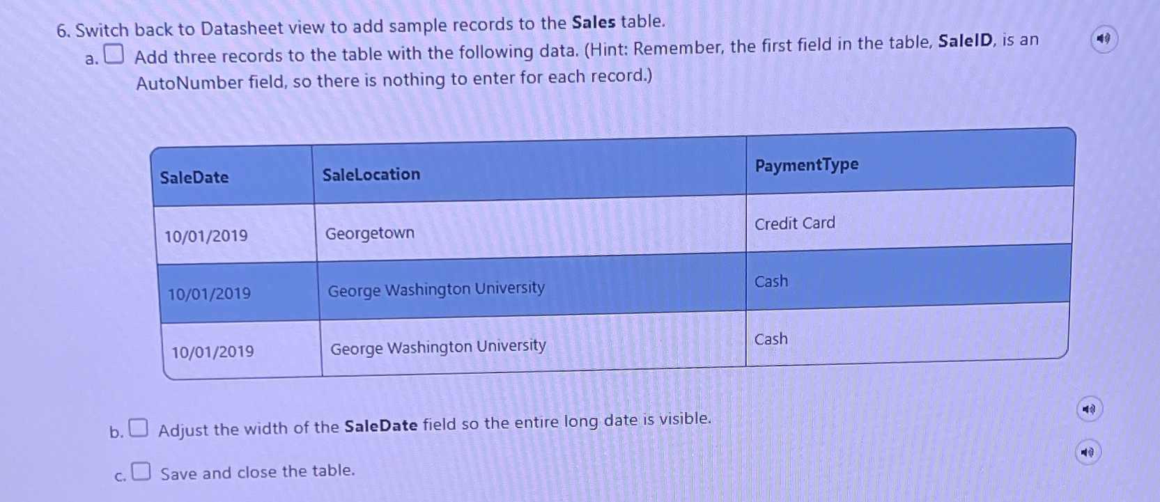 Solved Switch back to Datasheet view to add sample records | Chegg.com