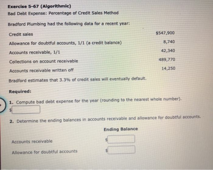Solved Exercise 5-67 (Algorithmic) Bad Debt Expense: | Chegg.com